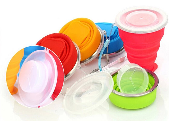 Travel camping Eco - friendly collapsible silicone cup With Stainless Steel Opening