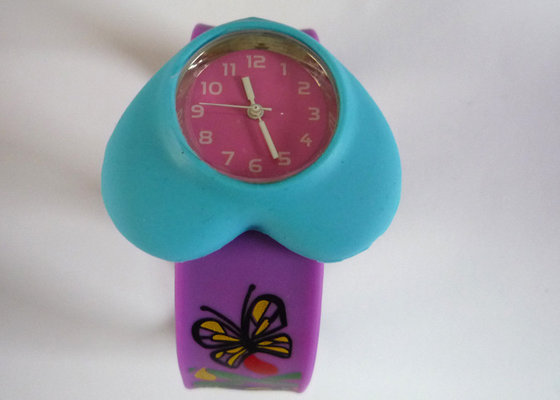 Blue Heart Case Purple Butterfly Silicone Slap Wristband Watches with Luminous Powder