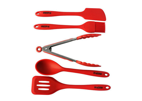 Red Silicone Kitchen Utensils Set With Brush / Turner / Tongs / Spatula And Spoon