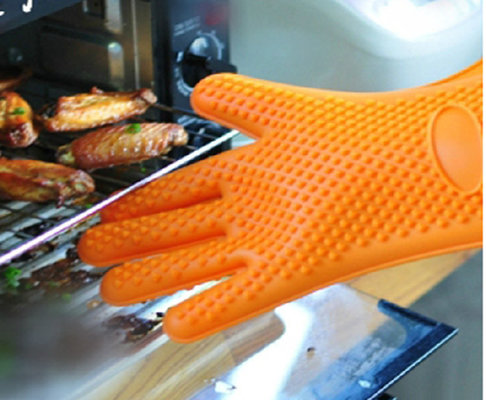 Durable Orange BBQ Silicone Gloves Heat insulation , silicone oven gloves with fingers