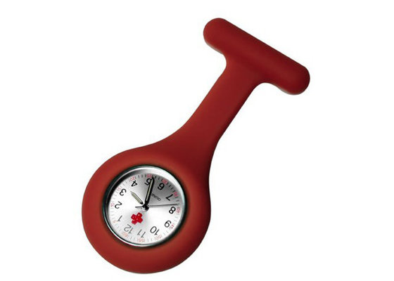 Red Portable Brooch China Movement Nurse Fob Watch With Silicone Case, Laser Filled Logo