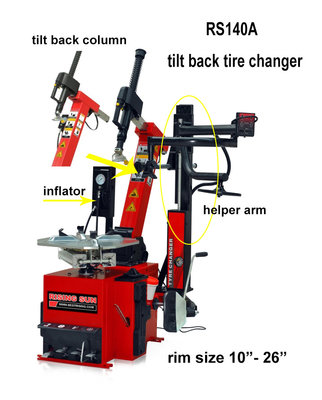 Tilting column pneumatic tire changer with helper arm