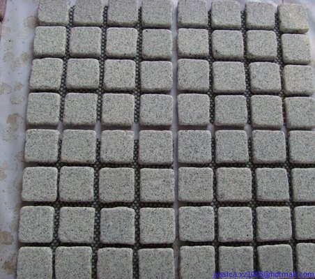 China cheap grey granite G603 paving stone / cube / cobble stone on mesh