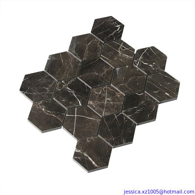 Hexagon shape chip 3x3 inch tile Dark emperador marble mosaic for wall flooring design