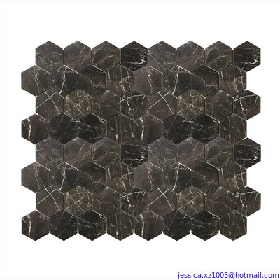 Hexagon shape chip 3x3 inch tile Dark emperador marble mosaic for wall flooring design