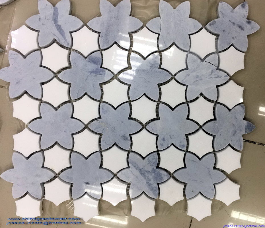 Paper White mix Argentina Blue Water Jet White and Blue Marble Mosaic Tile for Wall