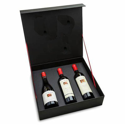 bespoke three bottle red wine box  black soft touch liquor box with ribbon