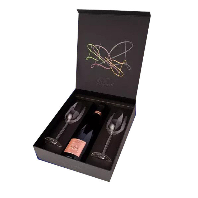 bespoke one bottle wine and two glasses hinged paper box  luxury wine box with EVA foam tray