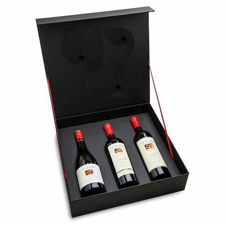 bespoke three bottle red wine box  black soft touch liquor box with ribbon