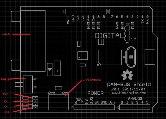 CAN-BUS Shield for Arduino and pcDuino (Working Voltage: 4.8～5.2V  Size: 68 x 53mm)