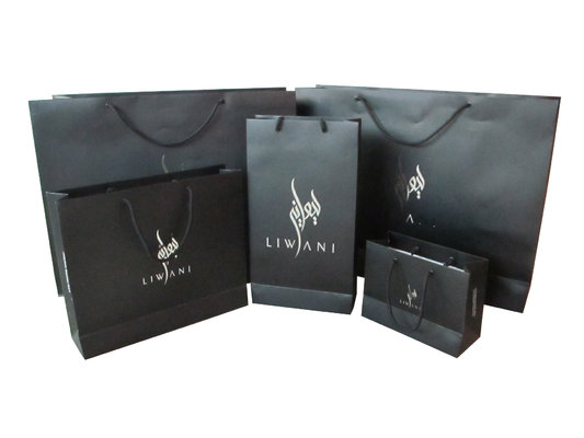 custom luxury black c1s art paper matt laminated shopping bag with ribbon bow,offset printing shopping paper bag