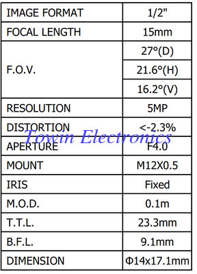 1/2" 15mm F4.0, 5 Megapixel Low distortion less than 2.3%, S mount lens ,CCL1215MP lens for Aptina MT9P031