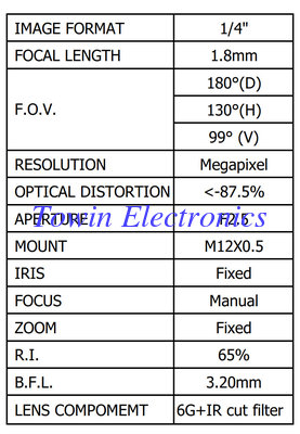 1/4"  1.8mm  wide angle S mount lens ,HFOV130 degree, F2.5 , good for Aptina MT9P031,very compact design CCL14018MPF