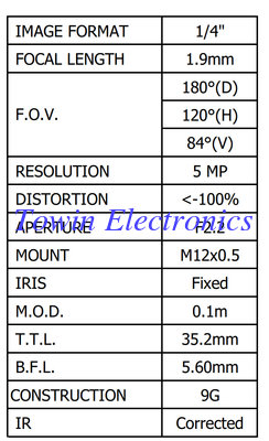 1/4"  1.9mm  wide angle S mount lens ,HFOV120 degree, F2.2, good for Aptina MT9P031,very compact design CCL14019MP