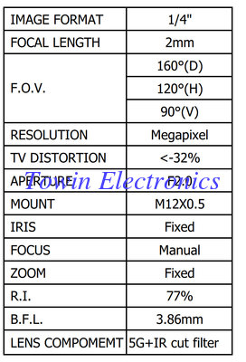 1/4"  2.0mm  wide angle S mount lens ,HFOV120 degree, F2.0, good for Aptina MT9P031,very compact design CCL14020MPF