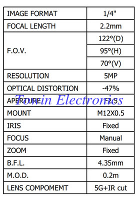 1/4"  2.2mm  wide angle S mount lens ,HFOV 95 degree, F2.5, good for Aptina MT9P031,very compact design CCL14022MPFL