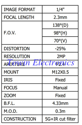 1/4"  2.3mm  wide angle S mount lens ,HFOV 95 degree, F2.5, good for Aptina MT9P031,very compact design CCL14023MPFR