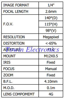 1/4"  2.6mm  wide angle S mount lens ,HFOV 115 degree, F2.0, good for Aptina MT9P031,very compact design CCL14026MP