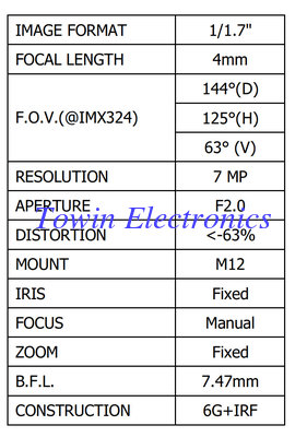 1/1.7" 4 mm  wide angle S mount lens ,HFOV 125 degree, F2.0, good for Aptina MT9P031,very compact design CCL117040MPF