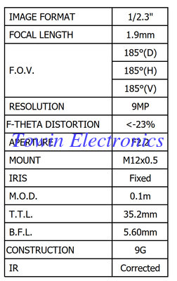 1/2.3" 1.9 mm  wide angle S mount lens , 9 megapixel , HFOV 185 degree, F2.0, good for Aptina MT9P031,CCL123019M
