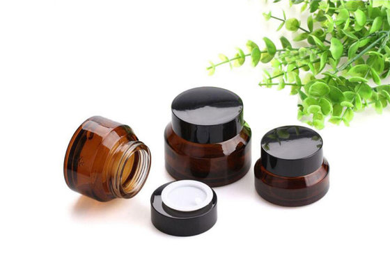 Amber Glass Empty Cosmetic Cream Jar Elegant Black Lid Aluminum Cap