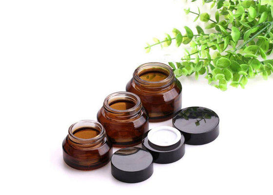 Amber Glass Empty Cosmetic Cream Jar Elegant Black Lid Aluminum Cap