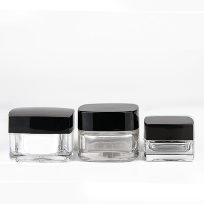 Eco - Friendly Glass Cosmetic Cream Jar Square Shape Clear Body Black Lid