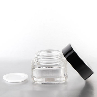 Eco - Friendly Glass Cosmetic Cream Jar Square Shape Clear Body Black Lid