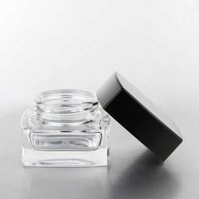 Eco - Friendly Glass Cosmetic Cream Jar Square Shape Clear Body Black Lid