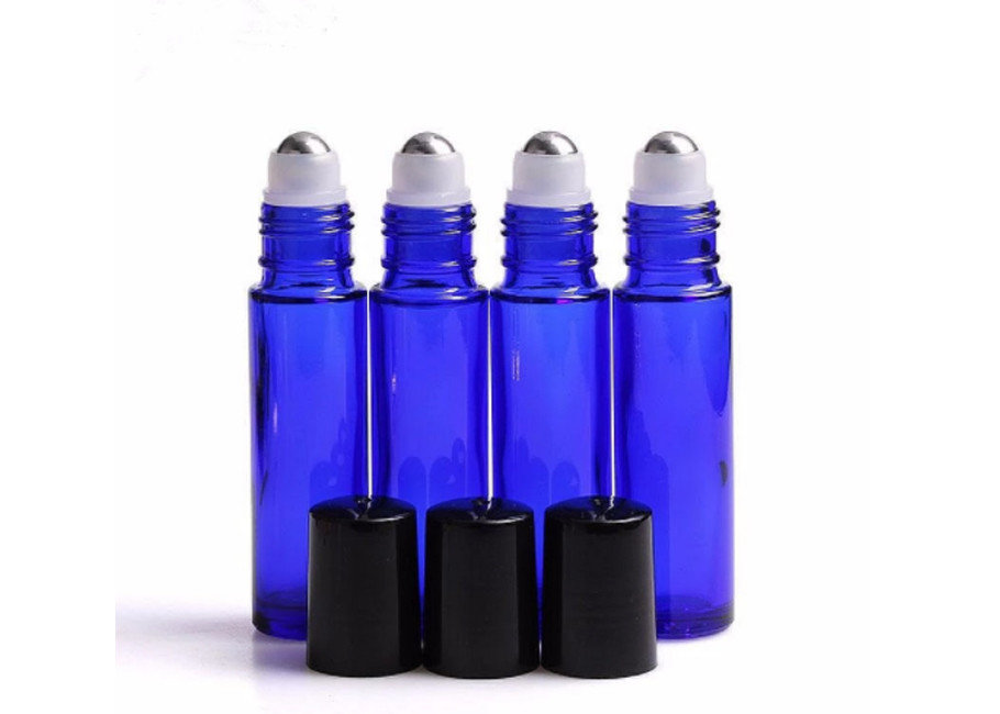 Round Cobalt Blue Glass Roller Bottles For Essential Oils White / Black Cap