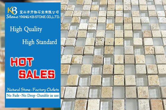 Beige travertine marble mosaic tiles mixed white glass mosaic tiles for decoration