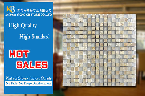 Beige travertine marble mosaic tiles mixed white glass mosaic tiles for decoration