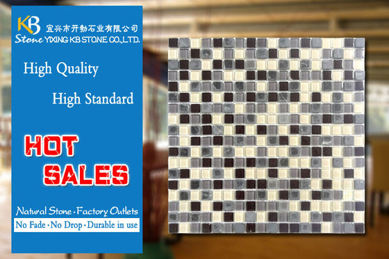 Water proof Strip yellow glass mosaic mix grey stone tile for wall decoration