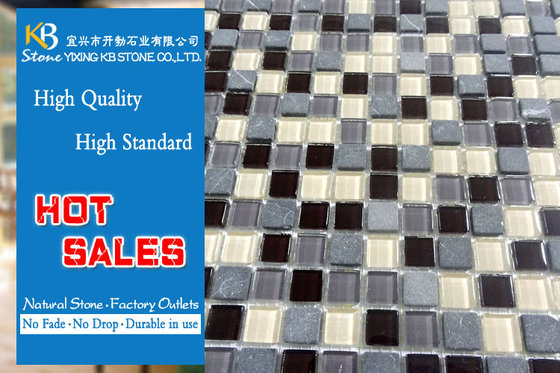 Water proof Strip yellow glass mosaic mix grey stone tile for wall decoration
