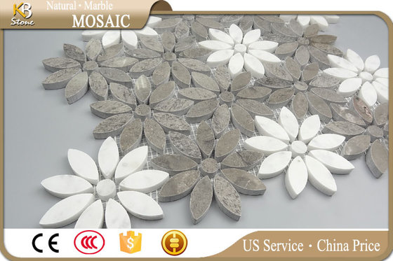 Interior decoration waterjet marble mosaic white mixed grey flower pattern