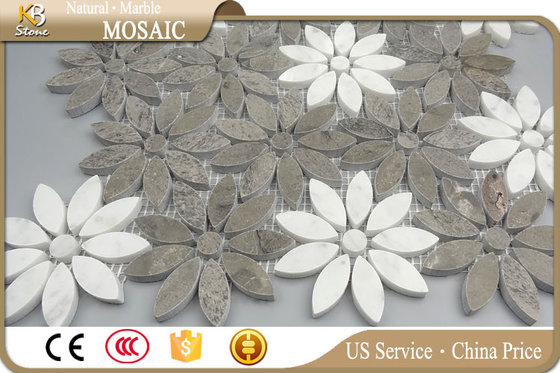 Interior decoration waterjet marble mosaic white mixed grey flower pattern