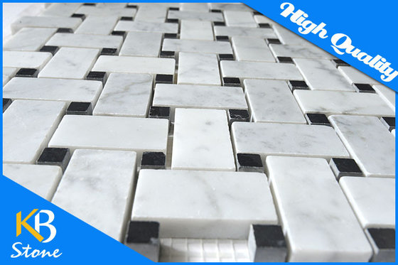Bianco Carrara White Basketweave Marble Mosaic Tile Backsplash / Bath Wall Use Mixed Black Dots