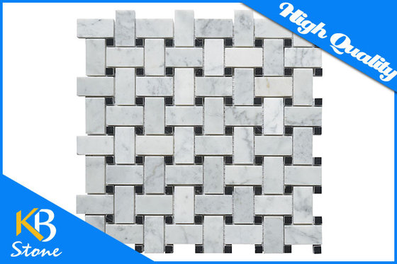 Bianco Carrara White Basketweave Marble Mosaic Tile Backsplash / Bath Wall Use Mixed Black Dots