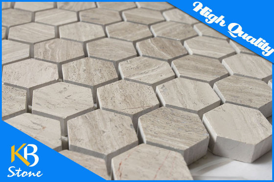 Honeycomb Polished Wooden Beige & Athens Grey Marble Mosaic Tile Sheet Hexagon Shape