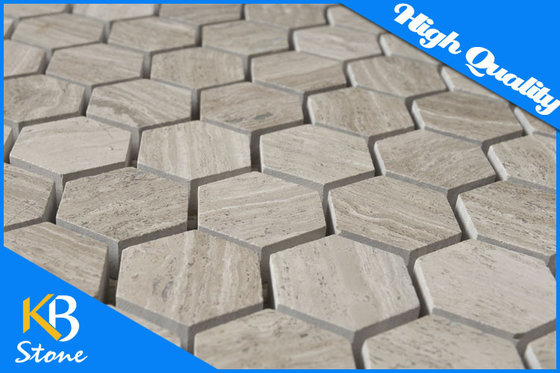 Honeycomb Polished Wooden Beige & Athens Grey Marble Mosaic Tile Sheet Hexagon Shape