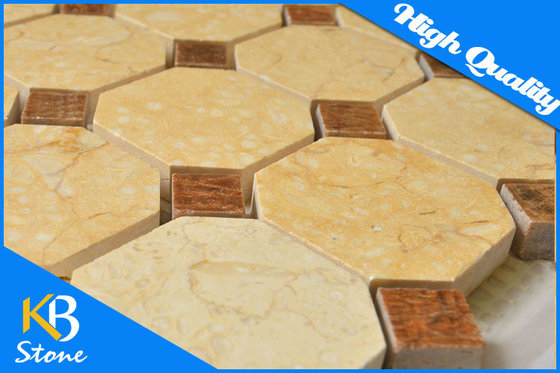 Octagon Polishing Crema Marfil Marble Tile / Kitchen Mosaic Sheets With Brown Dot