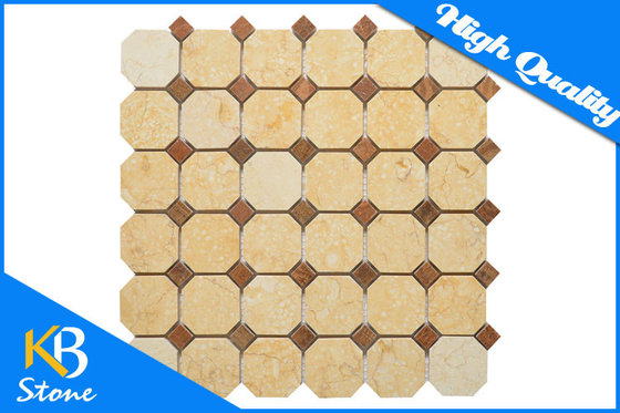 Octagon Polishing Crema Marfil Marble Tile / Kitchen Mosaic Sheets With Brown Dot
