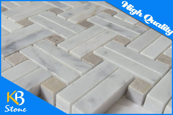 Home Decoration Basketweave Marble Mosaic Tile Carrara White Mixed Beige Dots for Bathroom