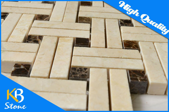 Modern Decorative Basketweave Cream Marfil Marble Mosaic Tile Mixed Brown Dots 10mm