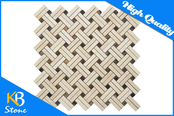Modern Decorative Basketweave Cream Marfil Marble Mosaic Tile Mixed Brown Dots 10mm