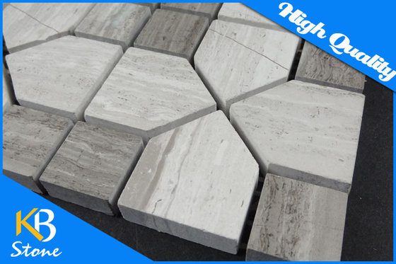 Wooden Beige & Athens Grey Lined Polished Marble Mosaic Tile Irregular Shape 10mm Thickness