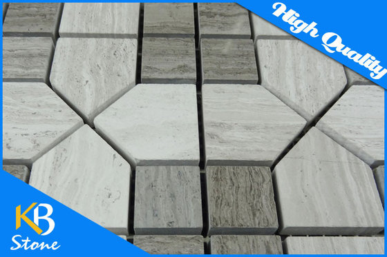 Wooden Beige & Athens Grey Lined Polished Marble Mosaic Tile Irregular Shape 10mm Thickness