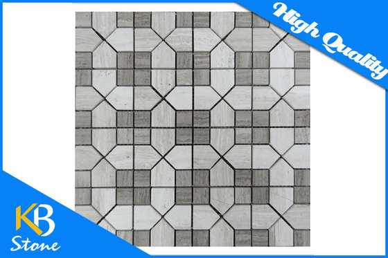 Wooden Beige & Athens Grey Lined Polished Marble Mosaic Tile Irregular Shape 10mm Thickness