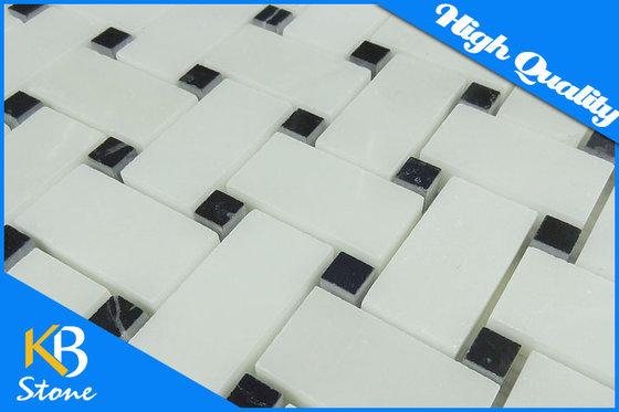 China White Polished Basketweave Marble Mosaic Tile Mixed Black Dots Stone Mosaic Wall Tiles