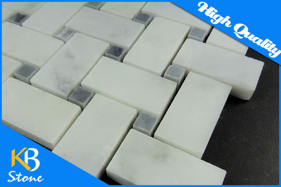 Bianco Basketweave Polished Marble Mosaic Tile Carrara White With Gray Dots 10mm Thickness